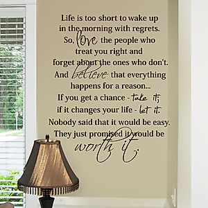 Life is Too Short to Wake Up in The Morning with Regrets,Inspirational Wall Decal Quotes,Living Room Bedroom Saying Sticker Wall Art Decor, 23 X 28In