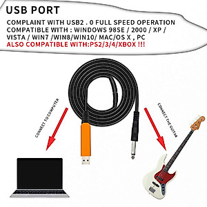 YESPURE USB Guitar Cable 10Ft, USB Guitar Interface Male to 6.35mm 1/4 inch Gold-Plated TS Mono Plug,Recording Cable Compatible with PC, Mac, Xbox, PS4, PS3,PS2