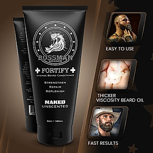 Bossman Fortify Intense Beard Conditioner - Shower Beard Wash, Moisturizer and Beard Softener for Men - Beard Growth Products - Made in USA (Naked Scent)