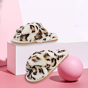ISZPLUSH Girl's Fluffy Slippers Kids' Fuzzy Slippers Slide Sandals Leopard Tie Dye Cross Band Plush Open Toe Slip on House Bedroom Slippers (12.5-13.5 Little Kids, White Leopard, numeric_12_point_5)
