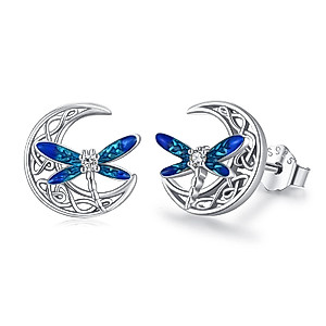Twoowl Dragonfly Stud Earrings 925 Sterling Silver Celtic Moon Earrings Irish Celtic Jewelry Gifts for Women Girlfriends