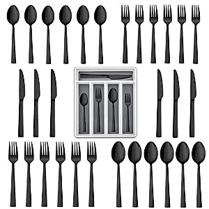 LIANYU 20-Piece Black Silverware Set with Tray, Stainless Steel Square Flatware Cutlery Set for 4, Black Eating Utensils for Home Restaurant, Dishwasher Safe, Mirror Finished