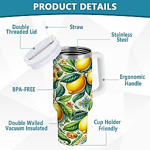 Jihqo Ceramic Tile Lemon Leaves 40 oz Stainless Steel Vacuum Insulated Tumbler with Handle and Straw Lid, Leakproof Water Bottle Double Wall Travel Mug Coffee Cup, Cupholder Friendly