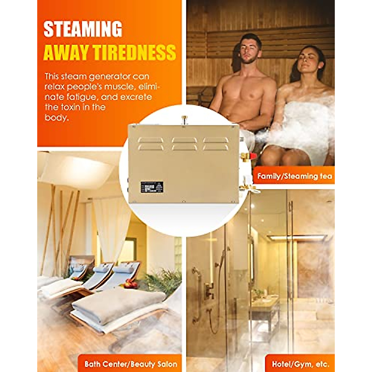 CGOLDENWALL 9KW Commercial Self-Draining Steam Generator Shower System Home Steam Bath Spa Generator 30 min to 12 Hours with Auto Drain 95-131℉ for Suitable Space Heating 9 m³/318 Cubic feet (9KW)