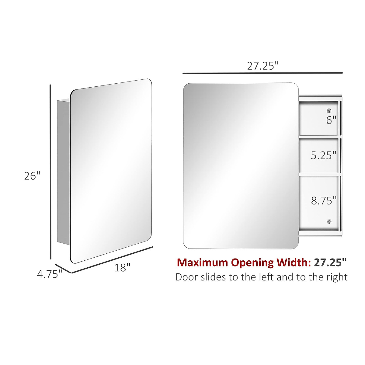 kleankin 18'' x 26''/46cm x 66cm Wall Mount Bathroom Medicine Cabinet Mirror Sliding Door with 3-Tier Storage Shelf, Stainless Steel, for Living Room Bedroom Office