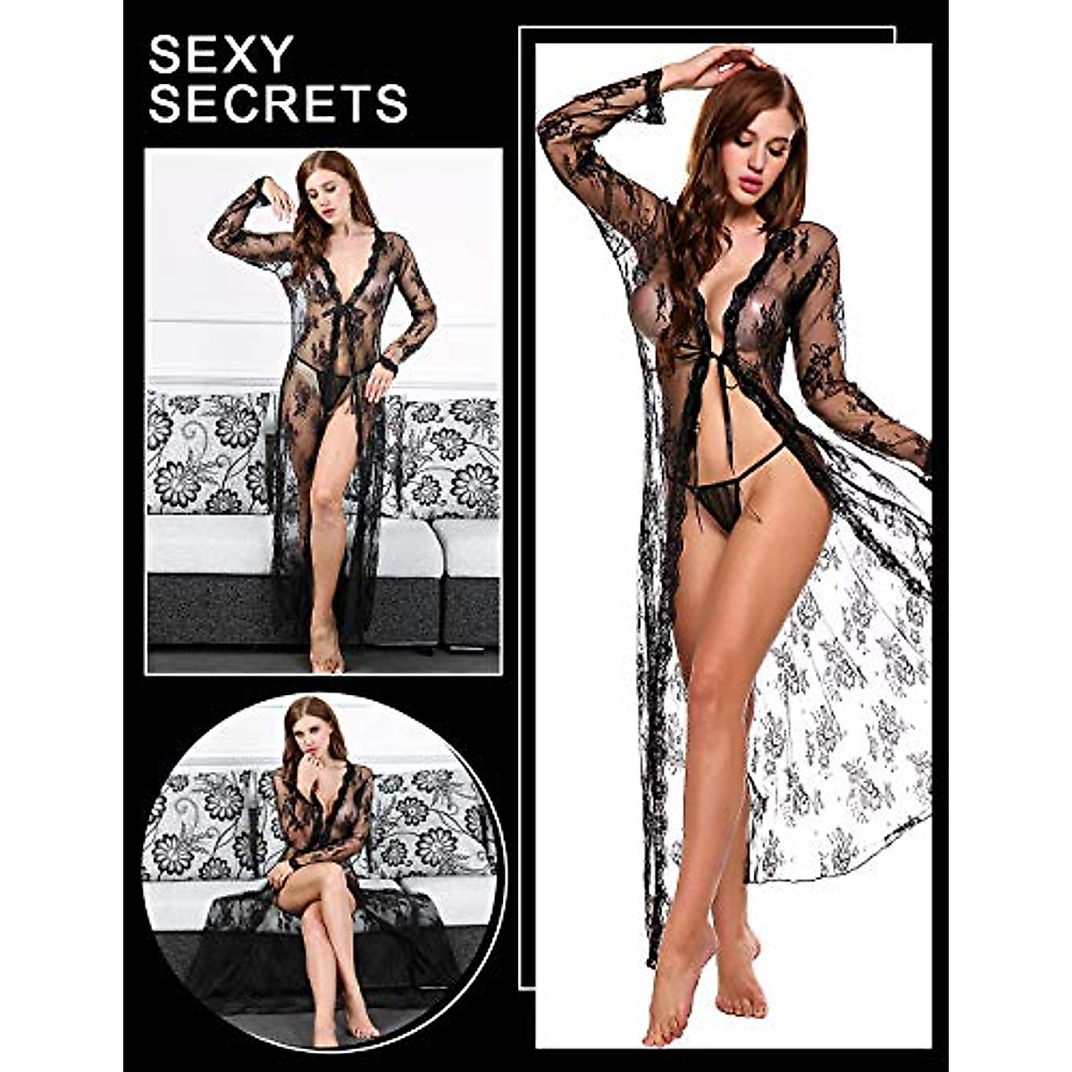 Women Robe Bathrobe Long Sleepwear Lace Night Gown Floral Pajamas Nightgown Dress with Sleeve,4_black Beach Bikini Cover Up,Medium
