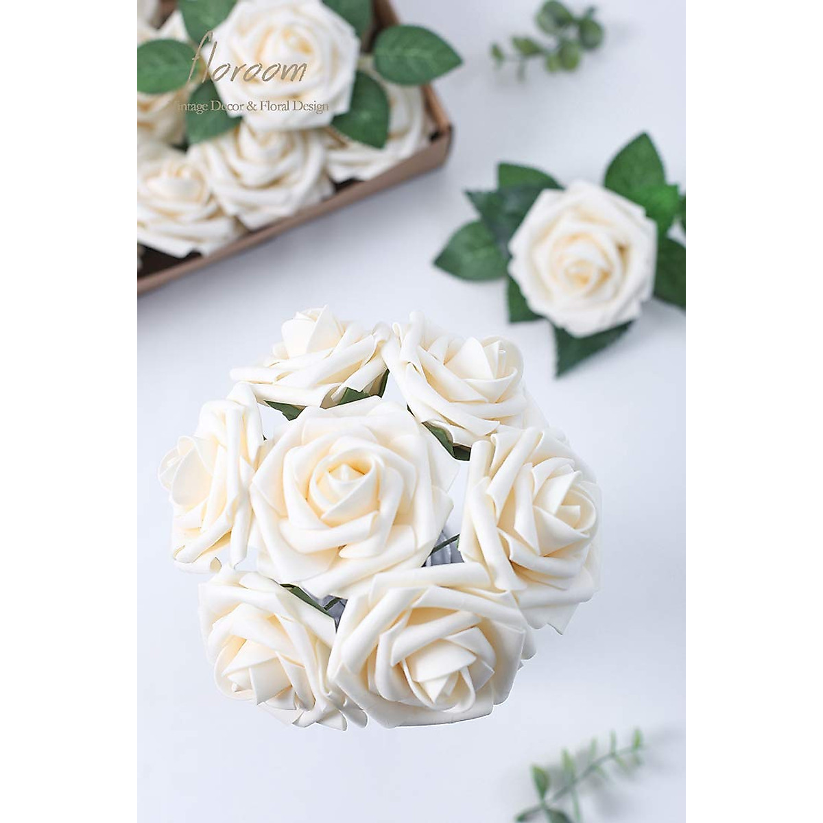 Floroom Artificial Flowers 50pcs Real Looking Cream Foam Fake Roses with Stems for DIY Wedding Bouquets Bridal Shower Centerpieces Floral Arrangements Party Tables Home Decorations