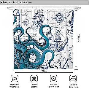 DESIHOM Blue Nautical Octopus Shower Curtain Set, Funny Ocean Kraken Shower Curtains for Bathroom, Cool Beach Coastal Octopus Decor Polyester Fabric-72" x 72"