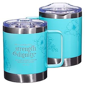 Christian Art Gifts Stainless Steel Double Wall Vacuum Insulated Camp Style Travel Mug 11 oz Floral Teal Coffee Mug with Lid and Handle for Women - Strength and Dignity - Proverbs 31:25
