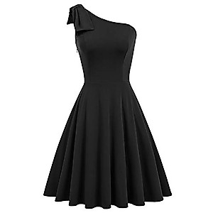 Black Fit and Flare Dress for Women with Pockets Vintage Cocktail One Shoulder Formal Dress Black M