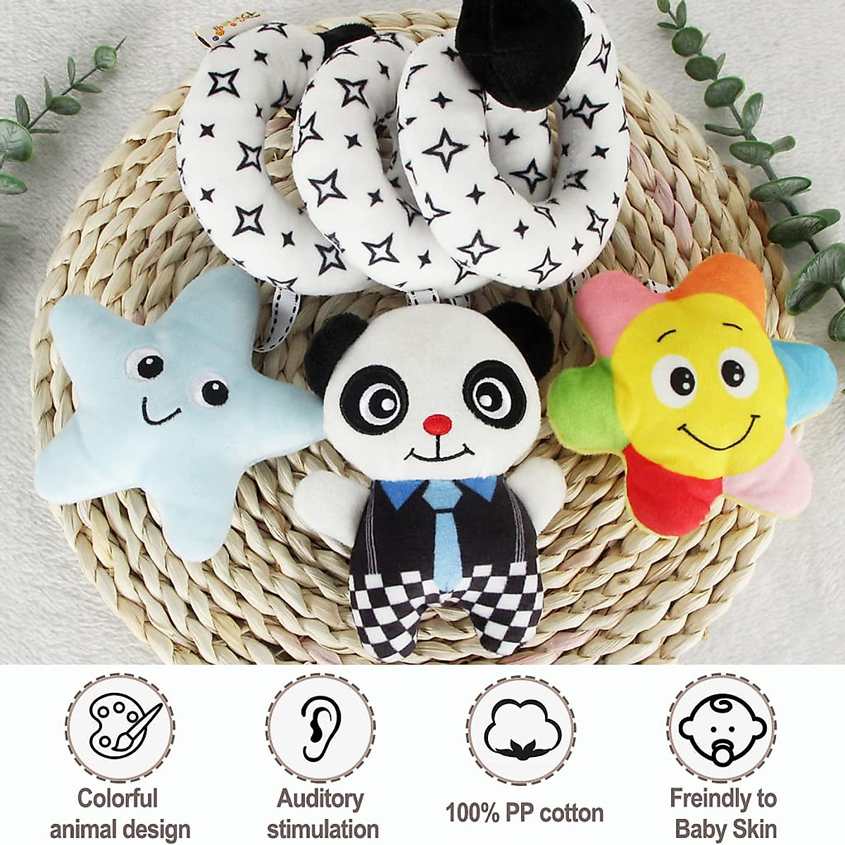 AIPINQI Spiral Stroller Toys, Infants Spiral Activity Toys Comfortable Pram Crib Plush Toy for Boys Girls Spiral Hanging Toys for Car Seat, Panda