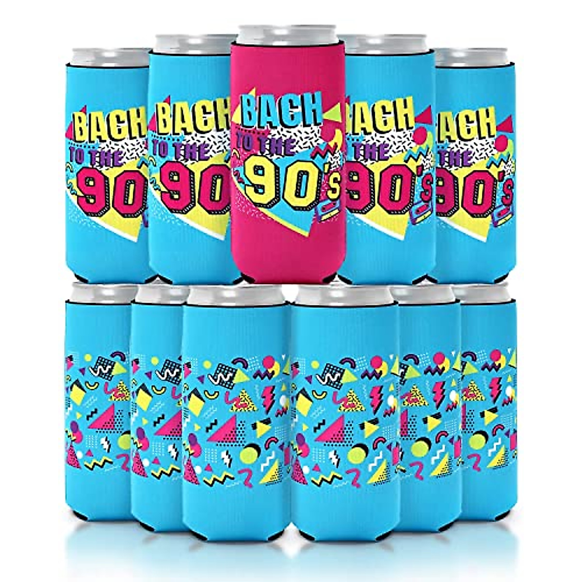 90s Bachelorette Party Can Sleeves 12 Pack Bach to the 90s Slim Can Covers Skinny Neoprene Drink Soda Can Bottles Holders for Retro Bridal Shower Party Supplies