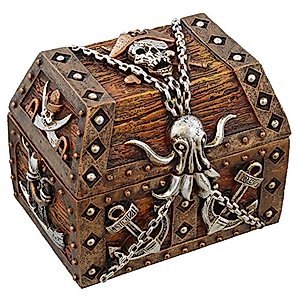Old River Outdoors Pirate Chest Octopus/Skull & Crossbones Trinket Storage Mini Jewelry Box with Anchor, Chain, Sword and Ship Accents