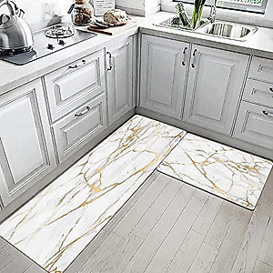 Mrcrypos Gold White Kitchen Rugs Cushioned Anti Fatigue 2 Piece Set Marble Kitchen Mats PVC Waterproof Leather Runner Rug Non Slip Floor Comfort Mat for Kitchen Sink Laundry Office 17"x29"+17"x47"