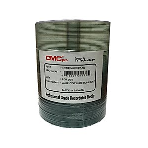 CMC Pro -Powered by TY 48X CD-R, White Inkjet Hub Printable, 100 Disc Tape Wrap, Valueline