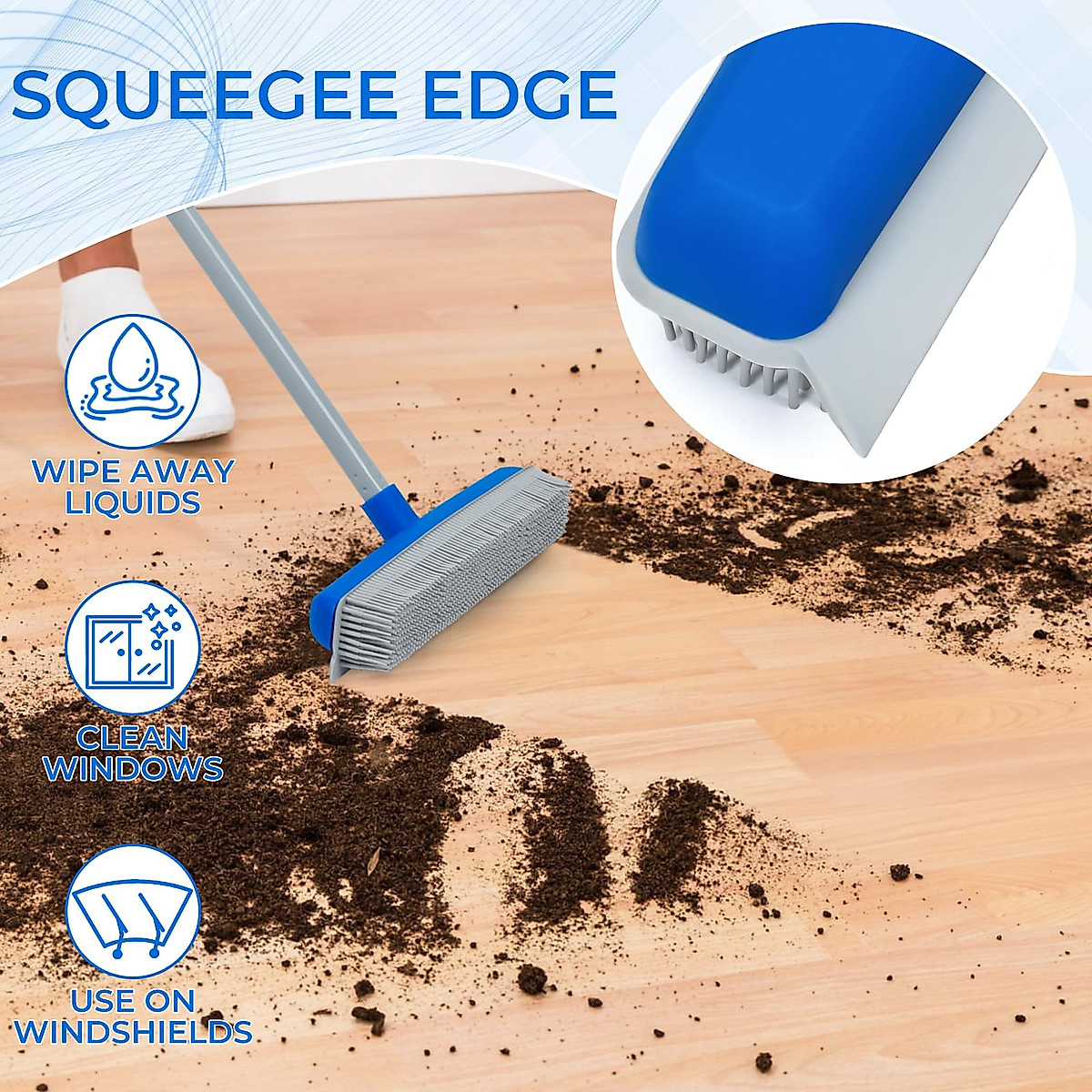 Hair Removal Broom for Fur Remover Pet Hair Rubber Broom Carpet Rake Silicone Floor Brushes with Squeegee-Blue