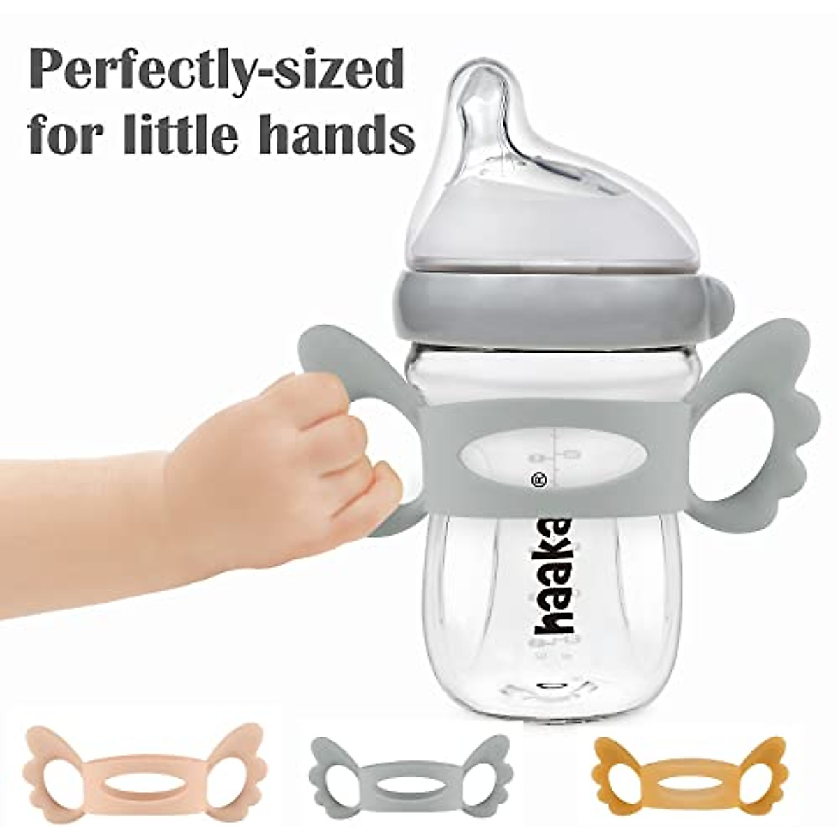 haakaa Gen.3 Glass Baby Bottle Handle - Silicone Baby Bottle Cover | Wide Neck Bottle Grip for 0m+ 6m+Breastfeeding Babies - Grey