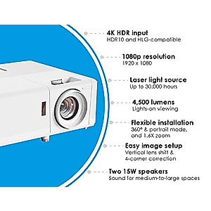 Optoma ZH406 1080p Professional Laser Projector | DuraCore Laser Light Source Up to 30,000 Hours | Crestron Compatible | 4K HDR Input | High Bright 4500 lumens | 2 Year Warranty White