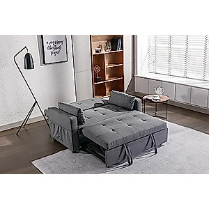 Polibi 55.1" Modern 3-in-1 Convertible Sleeper Sofa Bed w/Side Pockets, Linen Upholstered Pull Out Sofa Bed Couch with 3 Adjustable Angle Backrest and Two Throw Pillows (Dark Grey)