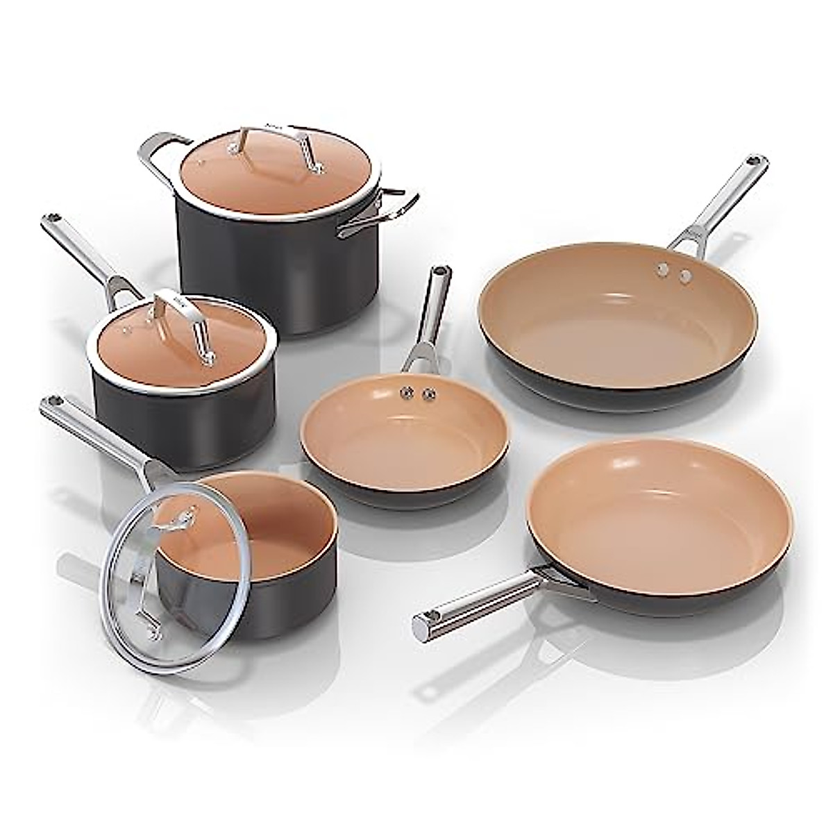 Ninja CW99009 Extended Life Premium Ceramic Cookware Set, Nonstick Fry Pans, PFAS Free, Healthy Cooking, Oven Safe to 550°F, Dishwasher Safe, All Stovetops & Induction Compatible, Dark Grey, 6 Piece