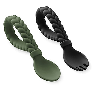 Itzy Ritzy Silicone Spoon & Fork Set; Baby Utensil Set Features A Fork and Spoon with Looped, Braided Handles; Made of 100% Food Grade Silicone & BPA-Free; Ages 6 Months and Up, Camo/Midnight