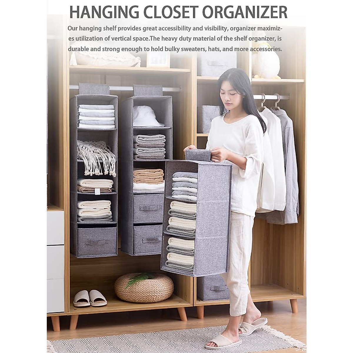 PUiKUS Closet Hanging Shelves - Clothes Organizer and Storage for Sweater Jeans Shirt - Dorm Wardrobe Nursery Rv Room - Kids Closet Hanging Accessories | 5-Shelf Drawers Hanger