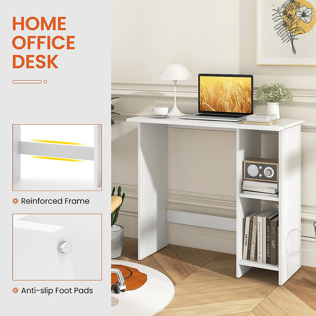 Giantex Small White Desk, Compact Study Writing Desk with 3-Position Adjustable Shelf, Anti-Toppling Kit, Modern PC Laptop Table, Home Office Computer Workstation for Small Space Bedroom Dorm