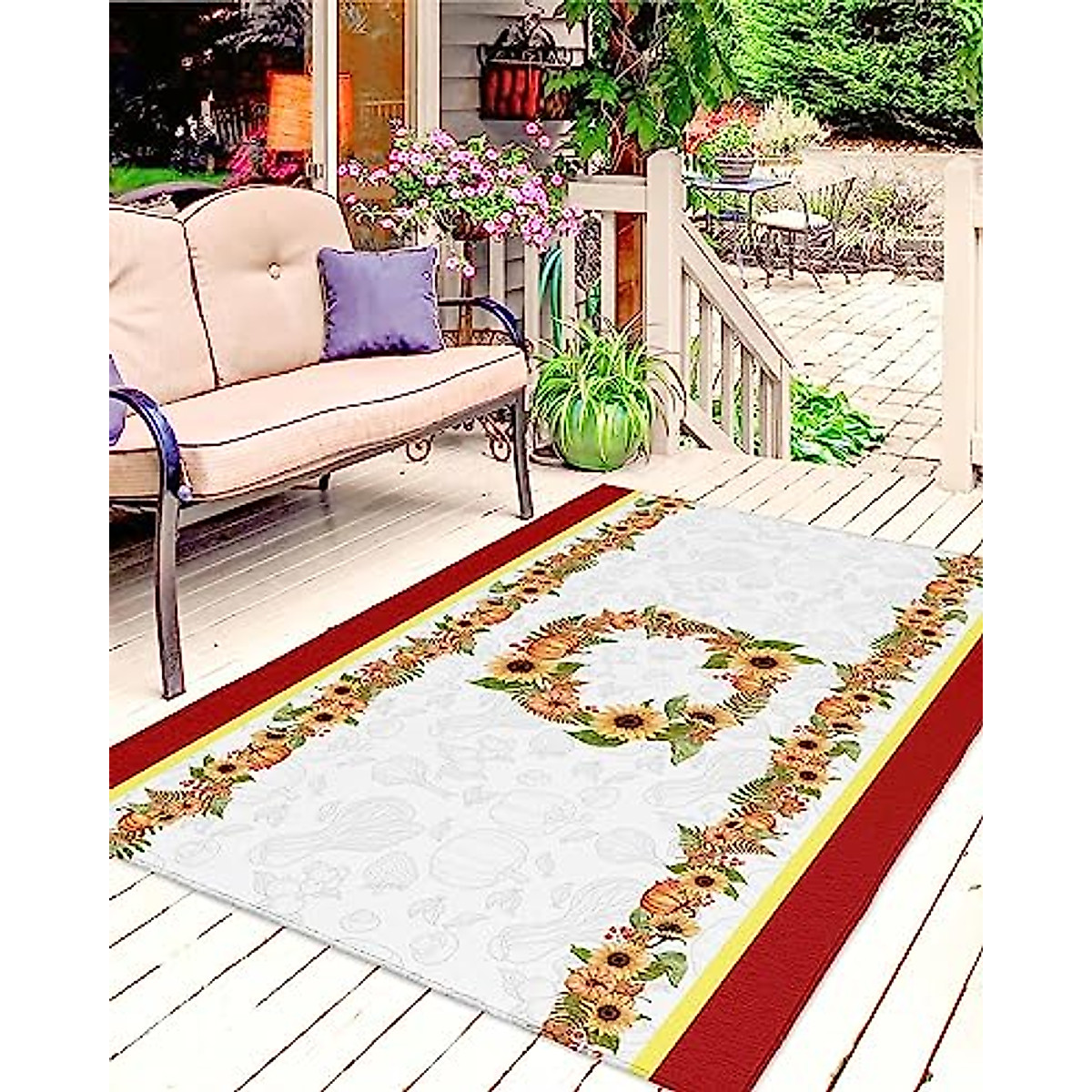 Fall Outdoor Patio Rugs Sunflower Pumpkin Maple Leaf Outdoor Area Rug Harvest Wreath Non-Slip Backyard/Camping RV Rug/Deck/Porch Rug Front Door Floor Mat Carpet,5x8ft,