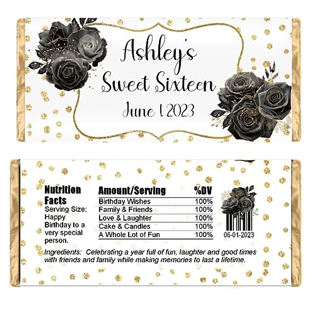 Personalized Candy Wrappers for Chocolate, Floral Party Favors, Pack of 20 Custom Hershey Bar Labels (Black)