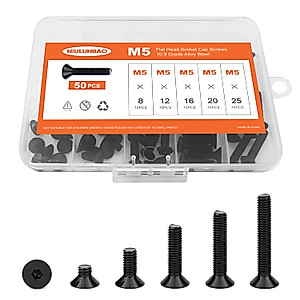 M5 x 8mm 12mm 16mm 20mm 25mm Flat Head Socket Cap Screws Countersunk Bolts, 10.9 Grade Alloy Steel, Black Oxide Finish, Allen Hex Drive, Metric Fully Threaded, Assortment Kit 50PCS