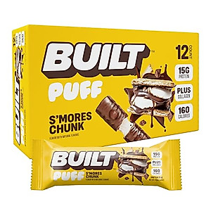 Built Bar, Puff Protein Bars, S'mores Chunk Puff, 15g Protein Snacks, On-The-Go Bars, Only 160 Calories, 9g Sugar, Collagen, Not Gluten Free, 12 Count