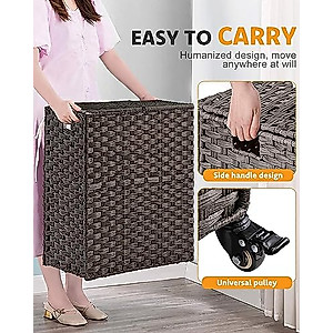 Rantizon Laundry Hamper with Lid, 110L Wicker Laundry Baskets with wheels 2 Foldable Compartment and 3 Removable Liner Bags, Synthetic Rattan Clothes Laundry Basket with Handles, Natural Brown