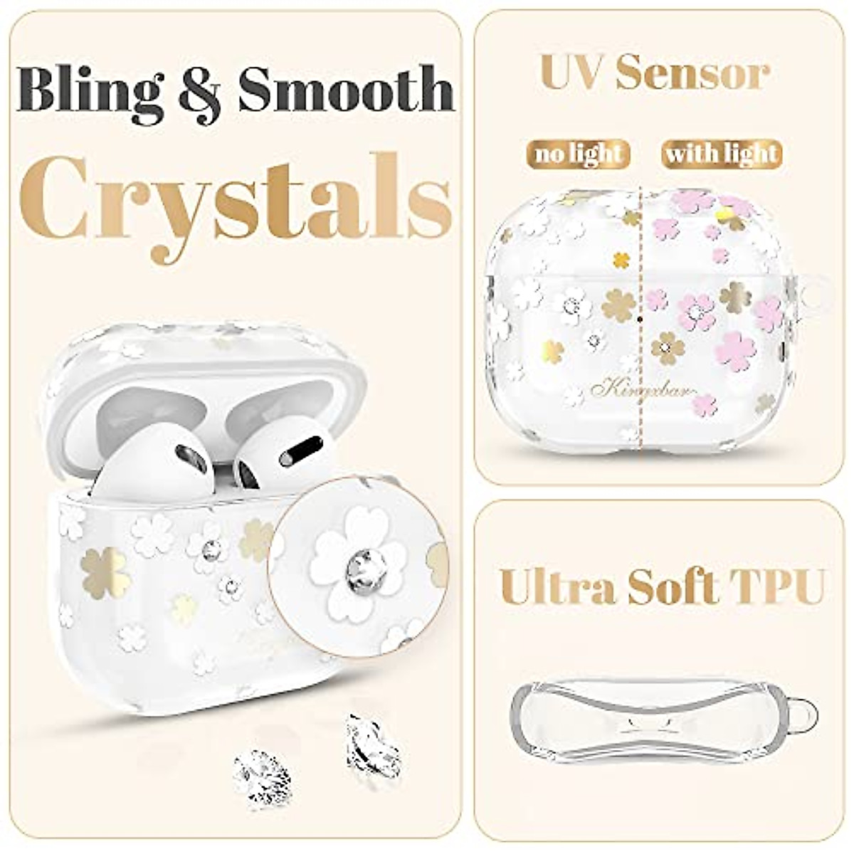 KINGXBAR for AirPods 3rd Generation Case for Women Clear Bling Cute Floral iPods 3rd Protective Cover for Apple AirPods 3 Charging Case with Keychain Accessories Flowers