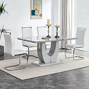 Pvillez 5 Piece Modern Mid-Century Dining Table Set for 4 People, Grey Marble Grain Wood Table and 4 PU Leather Upholstered Chairs, Home Kitchen Furniture