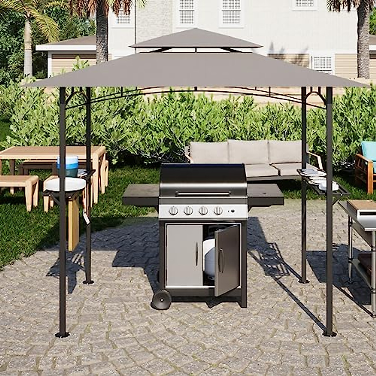 voqoomkl 8 x 5 Grill Gazebo Canopy, Double Tiered Outdoor Grill Gazebo with Shelves and Hooks, Sturdy Steel Frame BBQ Gazebo Canopy, UV Resistant & Waterproof, Gray