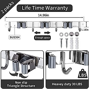 2 Packs Broom and Mop Holder Wall Mounted Garage Organizer Storage Tool Racks Heavy Duty Stainless Steel Mop Holder 4 Hooks 3 Clips, Holds up to 14 Tools for Laundry Room Garden Garage Closet Kitchen