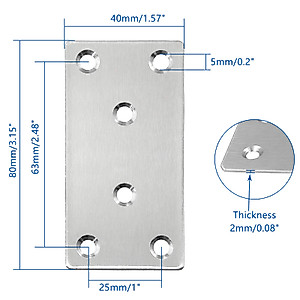 BokWin 6Pcs Silver Mending Bracket Plate, 80 x 40 x 2mm Stainless Steel Heavy Duty Flat Corner Brace for Wood, Metal Straight Fixing Joining Shelf Support Corner for Shelves, Furniture and Cabinet