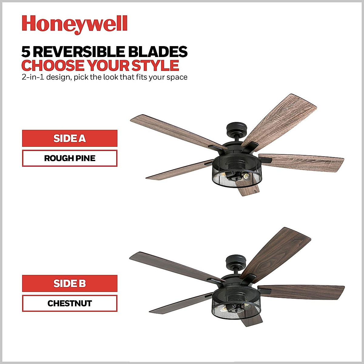 Honeywell Ceiling Fans Carnegie, 52 Inch Industrial Style Indoor LED Ceiling Fan with Light, Remote Control, Dual Mounting Options, 5 Dual Finish Blades, Reversible Airflow - 50614-01 (Matte Black)
