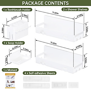 PAVSTINE Adhesive Shower Caddy 4 Pack, Shower Organizer Plastic Shower Shelf Wall Mounted Shower Rack for Bathroom Storage, with Toothbrush Holder&Soap Dish for Home, Kitchen, Bath Decor (White)