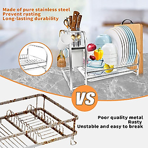 SPAKITCHCE Large Dish Rack Dry Drainer - Stainless Steel Dish Dryer Racks Metal Dish Drying Rack with Draining Drainboard Cutting Board for Kitchen Counter Saving Space