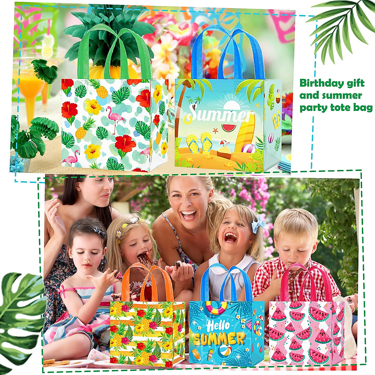 Hawaii Aloha Party Bags Summer Pool Beach Pineapple Watermelon Flamingo Theme Non-Woven with Handles Gift Treat Bags for Hawaiian Summer Pool Party Supplies