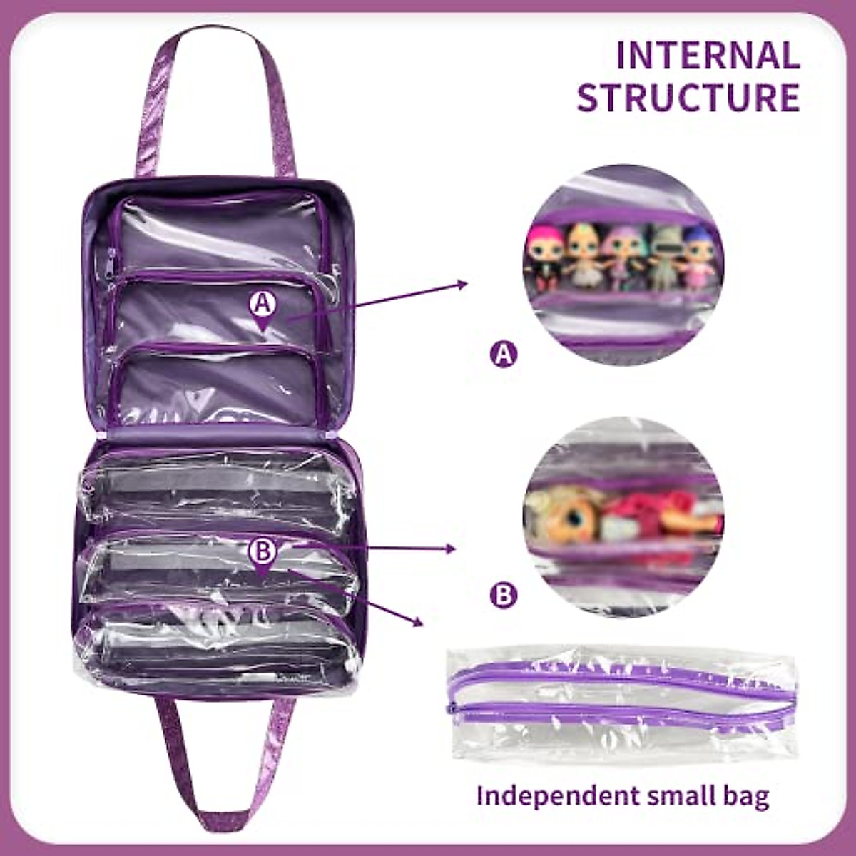 TUEGHER Doll Tote Carrying Case Compatible with LOL Surprise Dolls All, Hanging Organizer Storage Bag with 6 Clear Window Pockets for Girls, Bag Only (Purple)