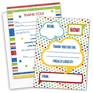 Dots and Stripes Kids Thank You Note Card Pack / 20 Fill In Childrens Colorful Thanks Cards With White Envelopes / 4 5/8" x 6 1/4" Kid Birthday Party Thank You