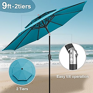 FLAME&SHADE 9 ft Double Top Outdoor Market Patio Table Umbrella with Tilt, Aqua Blue