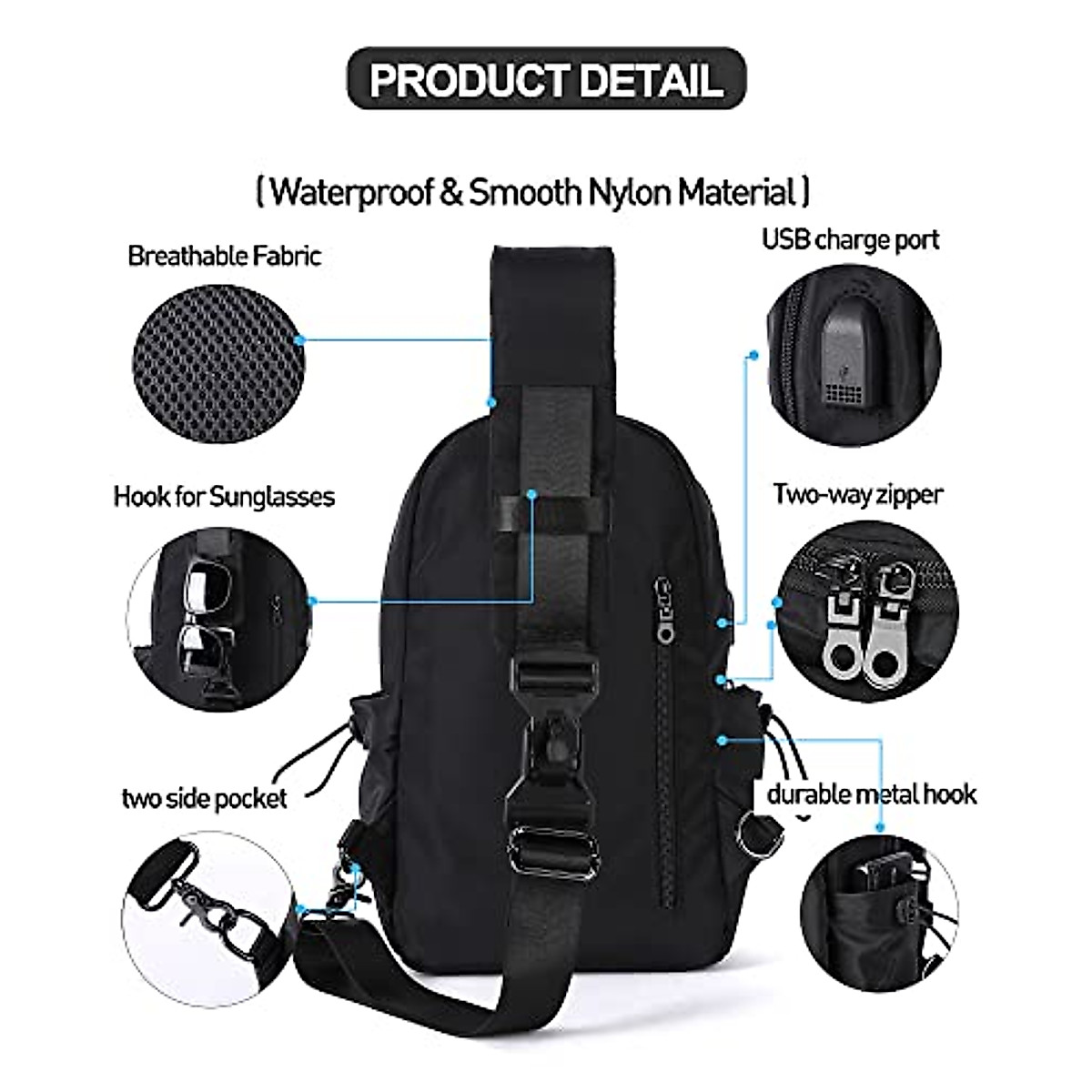 Sling Bag Crossbody Backpack Shoulder Bag for Men Women, Black Hiking Daypack Multipurpose Anti-Theft Cross Body Chest Bags, Small Lightweight One Strap Backpack for Walking Biking Travel Cycling