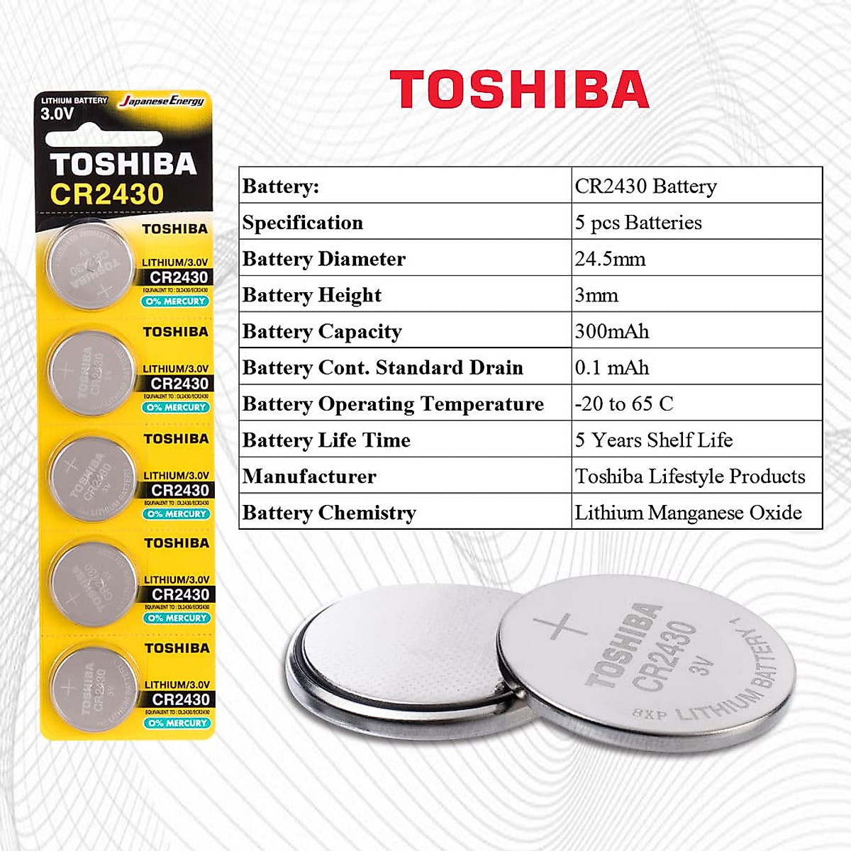 TOSHIBA CR2430 3V Lithium Coin Cell Battery Pack of 5