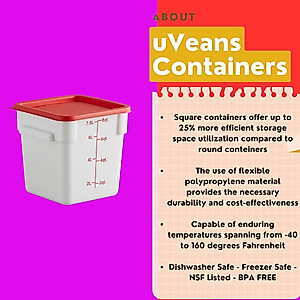 uVeans COMBO PACK Square Sous Vide Containers With Lids - 8 Quart Restaurant Supplies Food Containers - 4 Containers and 4 Lids Food Service