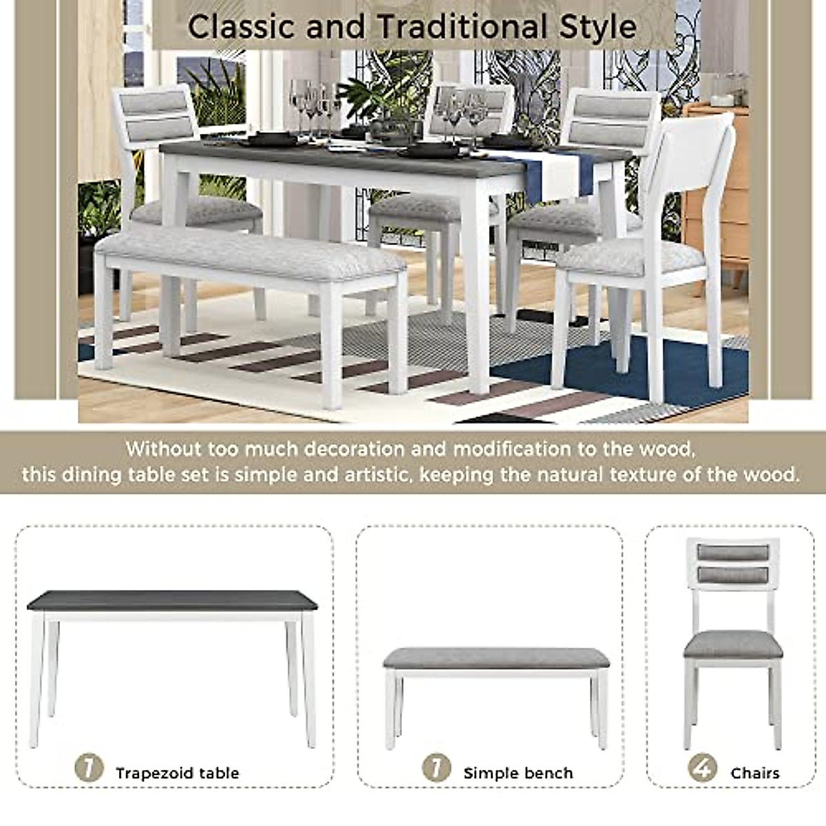 Goozio 6 Piece Dining Table Set,Wood Dining Table and 4 Upholstered Chairs and Bench with Cushion, Classic Traditional Style Kitchen Table Set for 6 Person,White+Gray