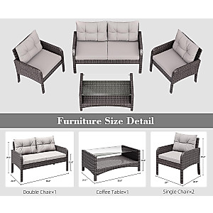 LHBcraft 4-Piece Patio Furniture Set Outdoor Rattan Wicker Sofa Set with Cushions & Coffee Table, Conversation Sofa Set with Tempered Glass Table Top and Storage Shelf (Grey-Grey) (OT008)