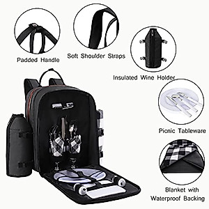 ALLCAMP OUTDOOR GEAR Picnic Backpack for 2 Person Set W/Detachable Bottle/Wine Holder, Fleece Blanket, Plates and Cutlery Set (Black)